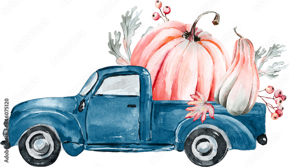 watercolor harvest truck, fall pumpkin harvest clipart. Thanksgiving ...