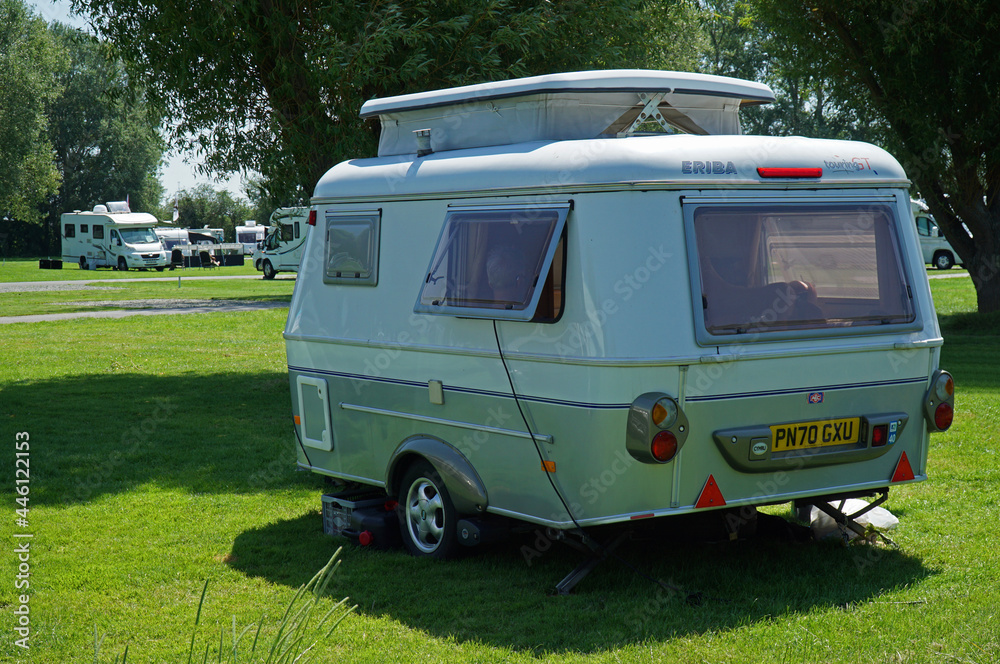 Eriba Touring GT small caravan - trailer parked on campsite. Stock ...