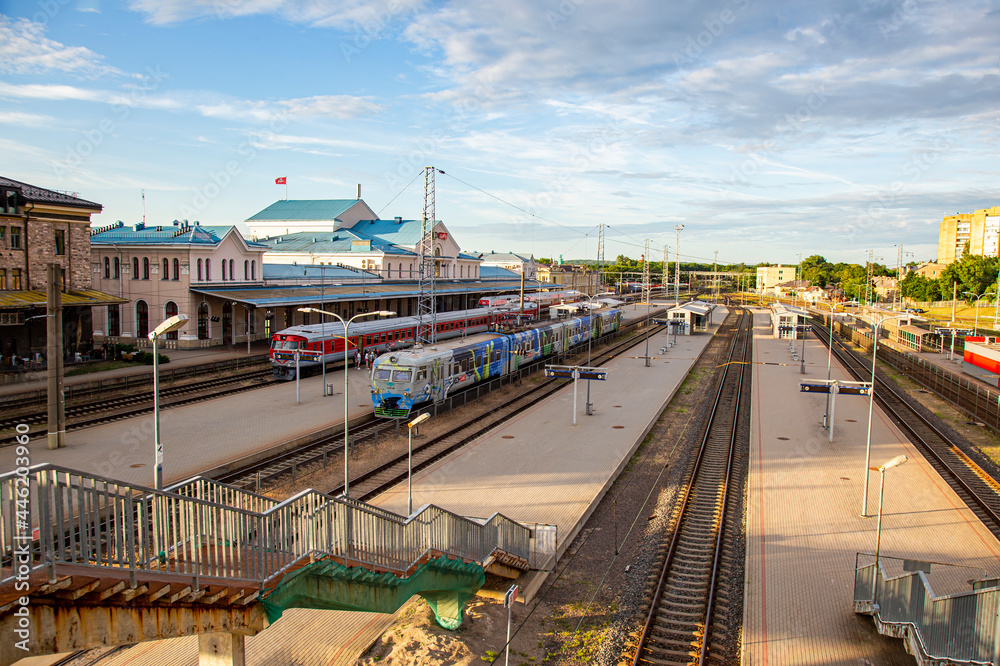 VILNIUS, LITHUANIA - 2021-07-04: station with trains, view from the ...