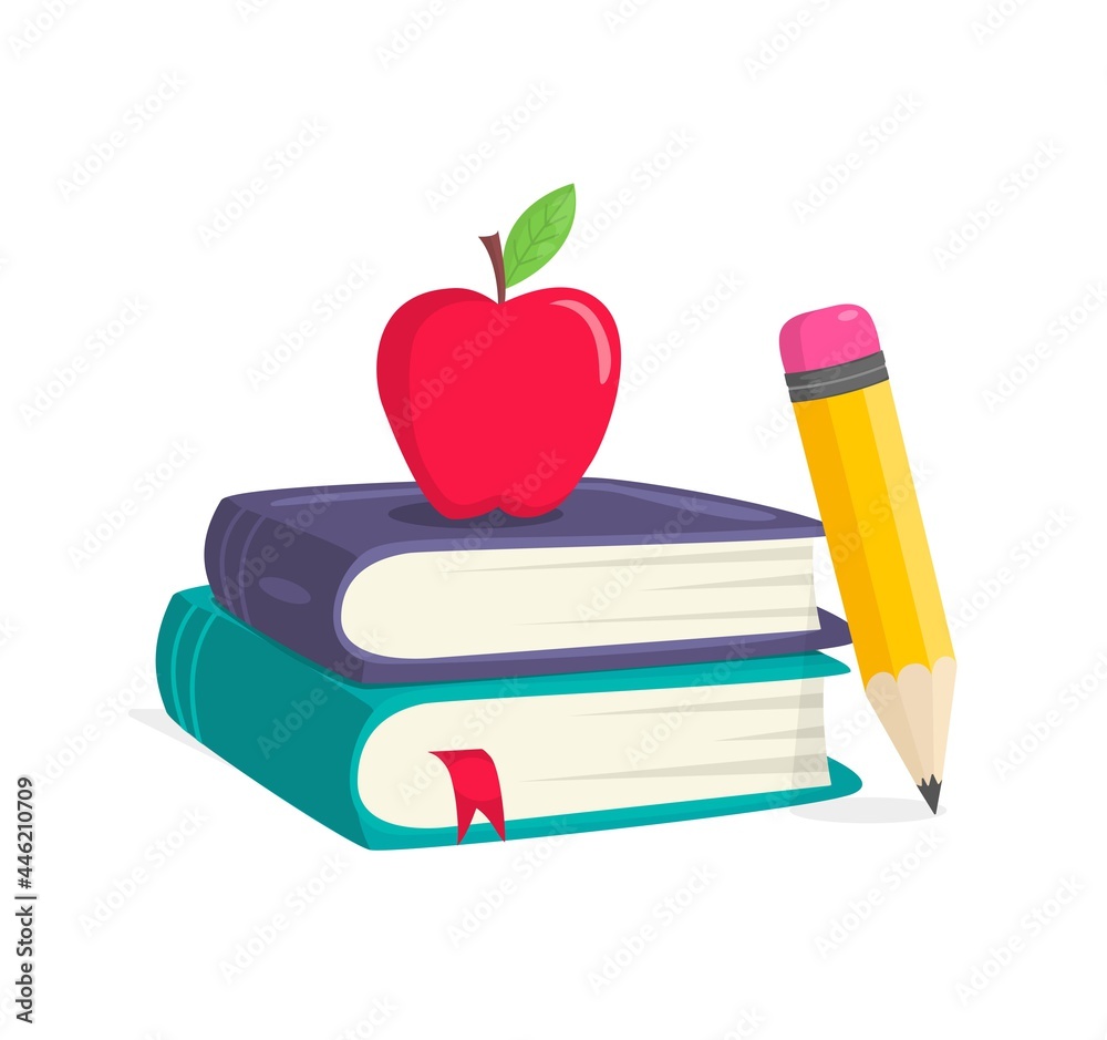 School and education supplies composition. Cartoon books, apple and ...