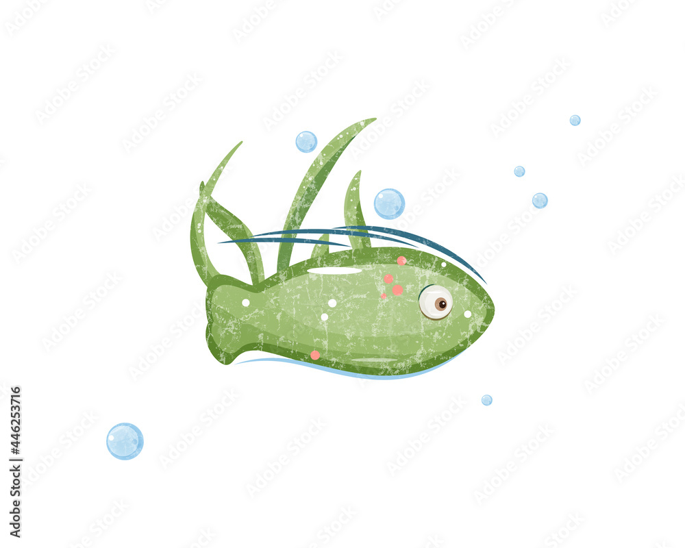 Cartoon cute green fish vector illustration with texture. Cartoon sea ...