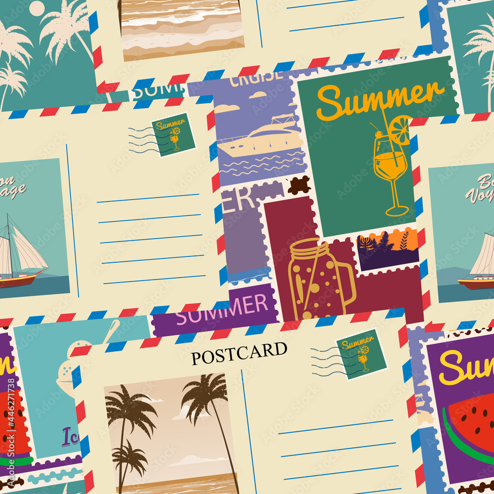 Postage stamps seamless pattern Summer vacation. Retro background signs travel exotic tour ...