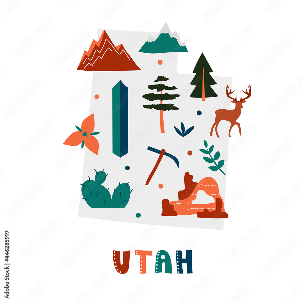 USA map collection. State symbols and nature on gray state silhouette ...