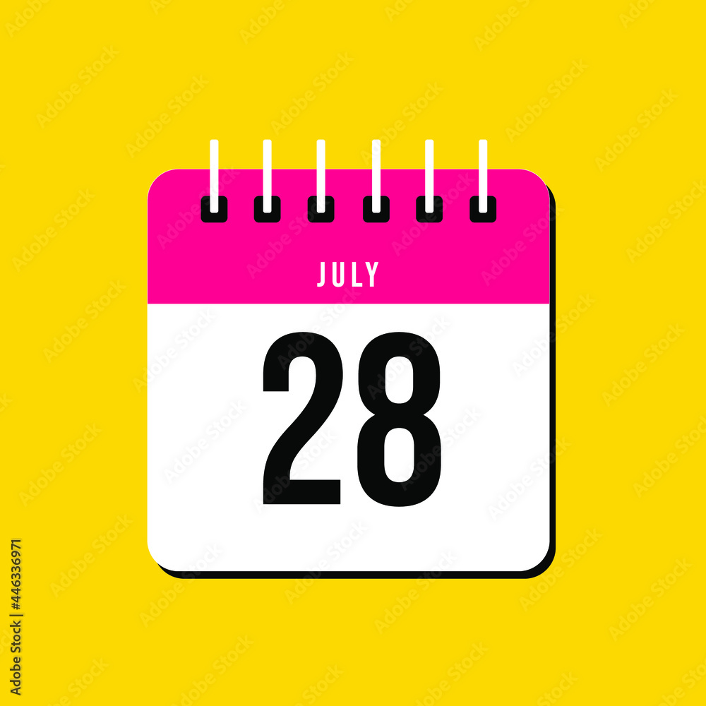 July day 28. Number twenty-eight on a white paper with pink color ...
