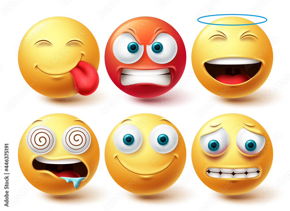 Smiley emoji face vector set. Smileys and emoticon happy, hungry and ...