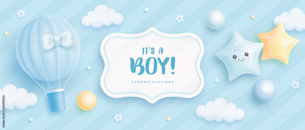 Baby shower horizontal banner with cartoon hot air balloon, helium ...