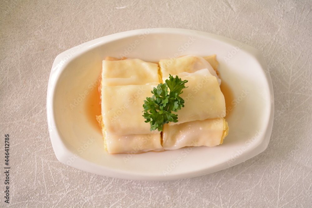 steamed rice vermicelli noodle roll wrapped with char siew prawn meat ...