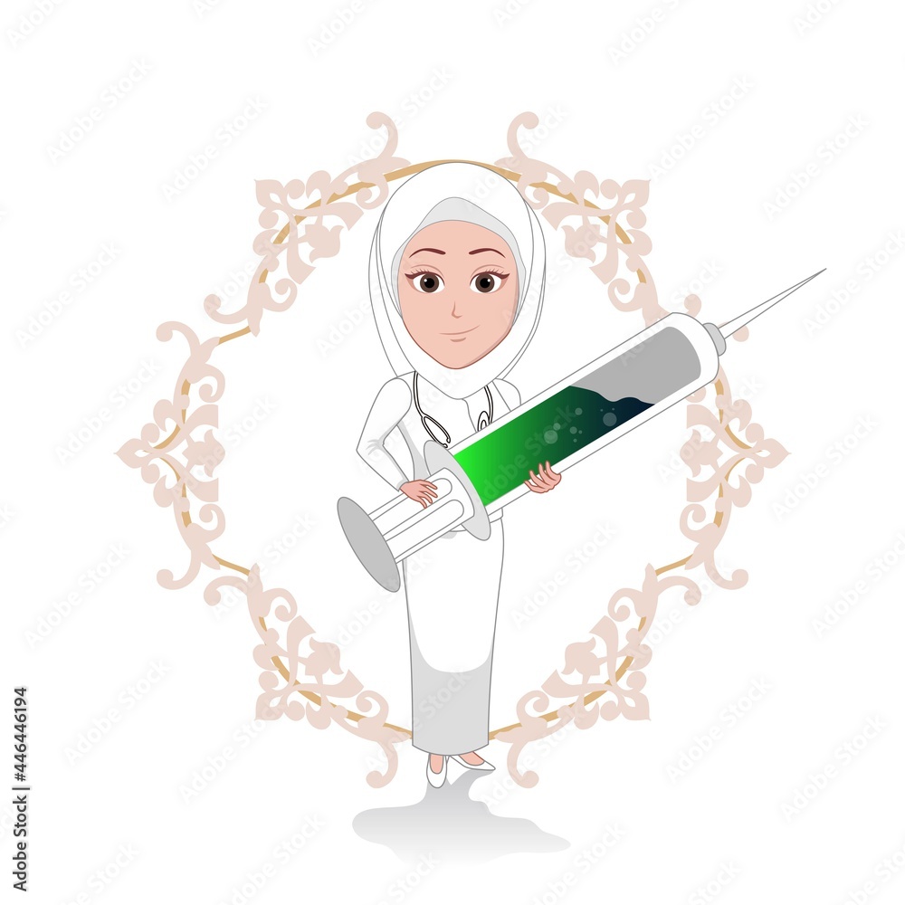 Cartoon caricature of Muslim nurse girl wearing hijab carrying a ...
