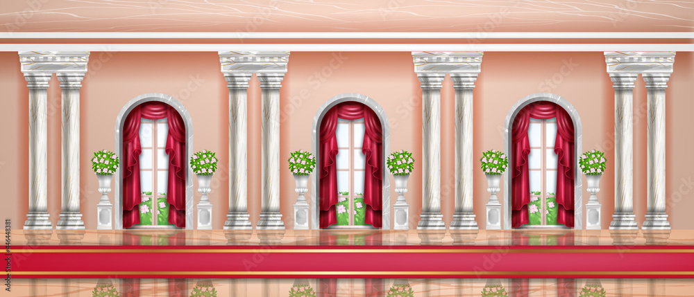 Palace interior vector background, castle royal hall, dance ballroom ...