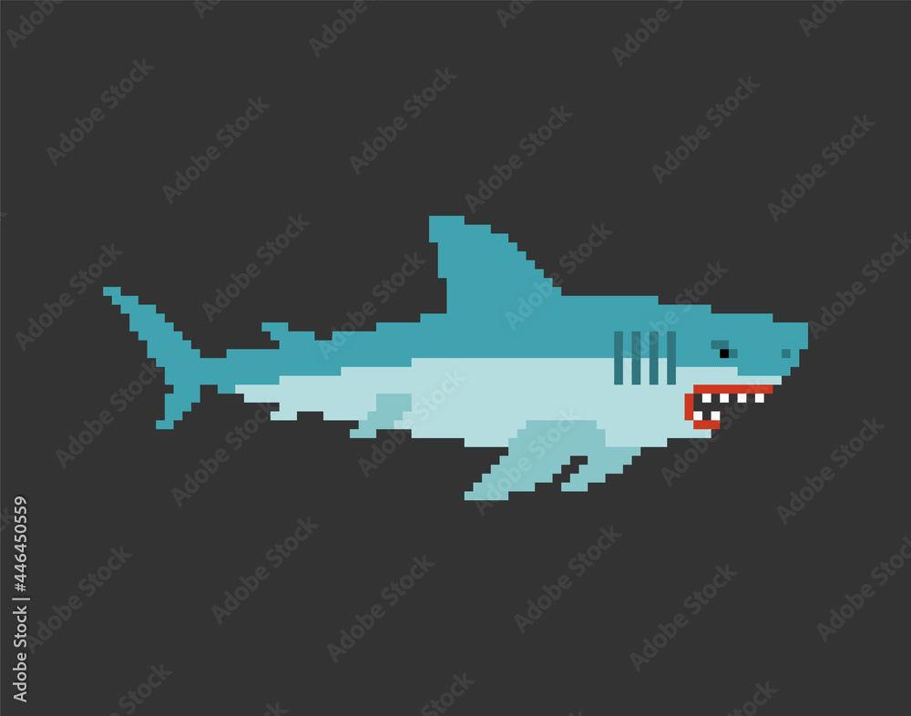 Shark pixel art. Sea predator 8bit. Large predatory marine fish. vector ...