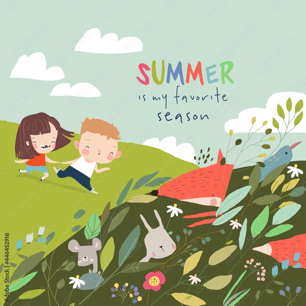 Cartoon Summer Illustration with Happy kids and Animals in Plants Stock ...