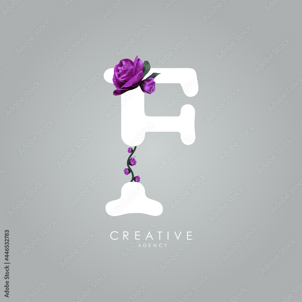 block letter logo F alphabet letters with purple crocus petal flower ...