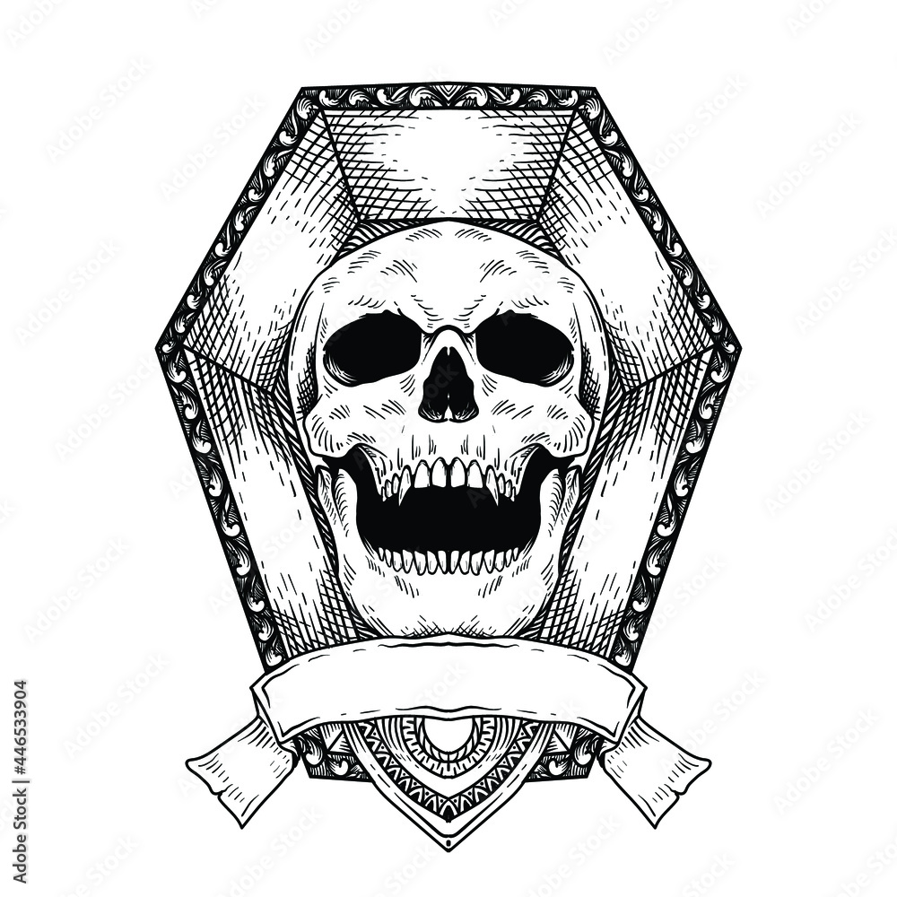 tattoo design hand drawn skull head in coffin line art black and white ...
