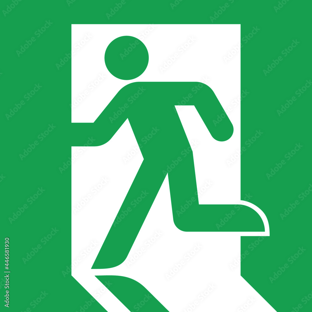 Emergency exit sign vector illustration. Green international version of ...