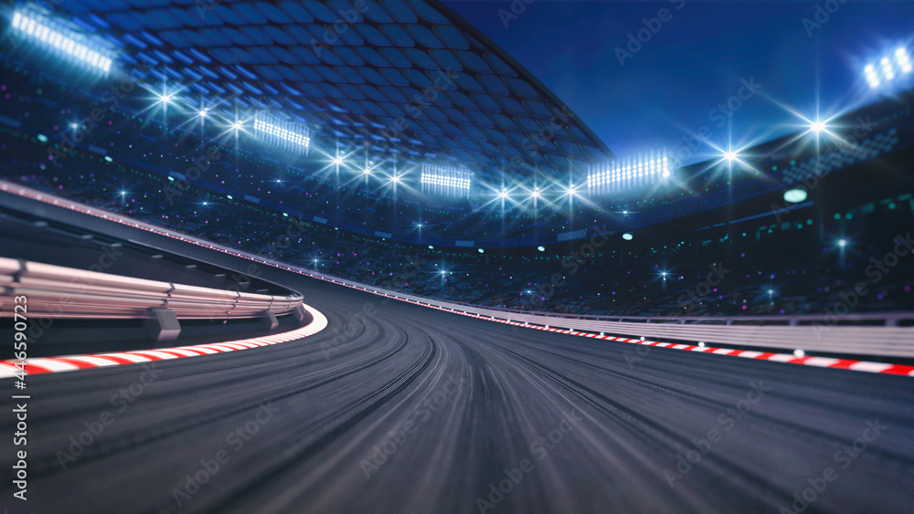 Curved asphalt racing track and illuminated race sport stadium at night ...