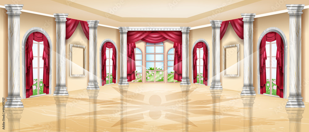 Luxury palace interior, vector royal ballroom background, classic ...