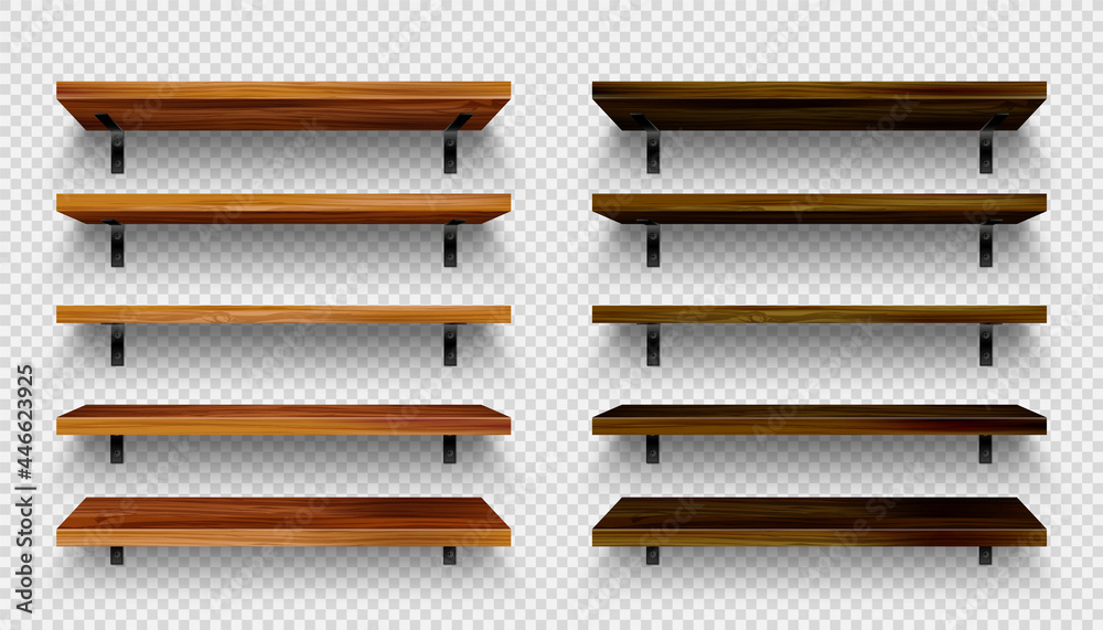 Realistic empty wooden store shelves set. Product shelf with wood ...