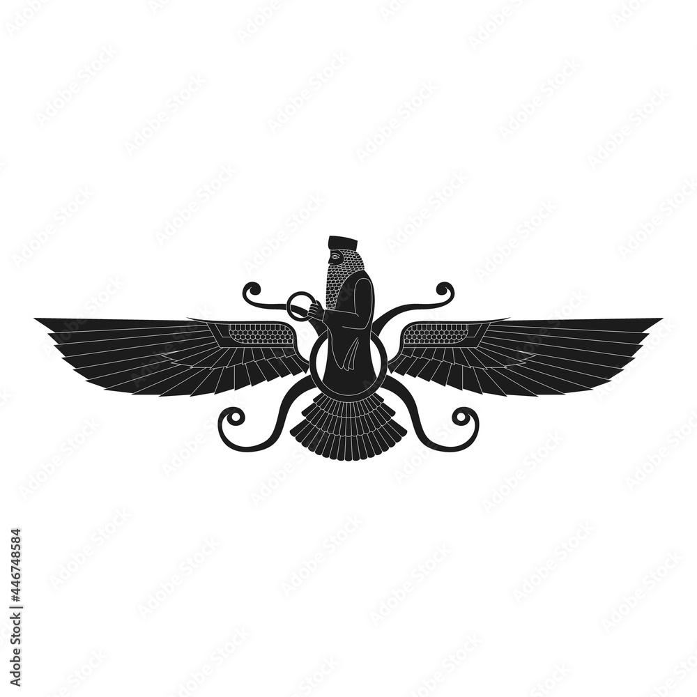 vector monochrome icon set with ancient sumerian symbol Faravahar for ...