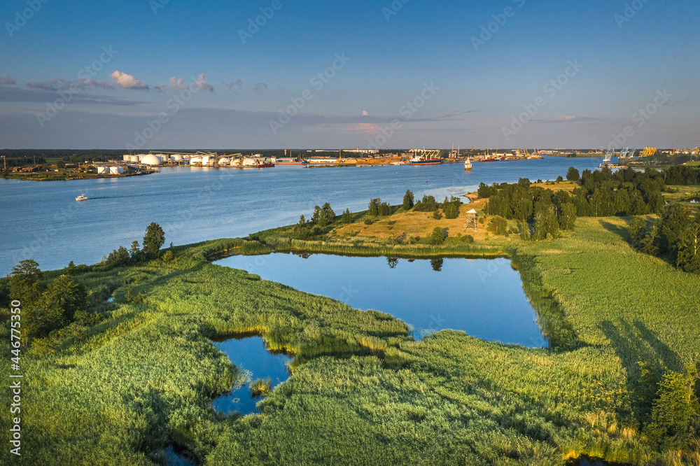 Riga port loading terminal with container ships. Boats and yachts ...
