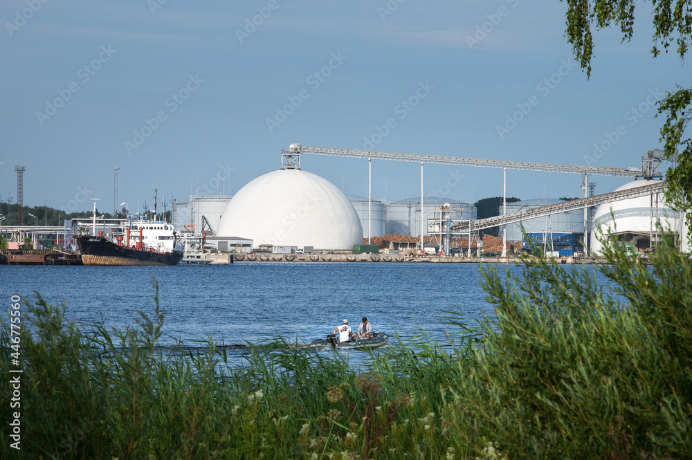 Riga port loading terminal with container ships. Boats and yachts ...