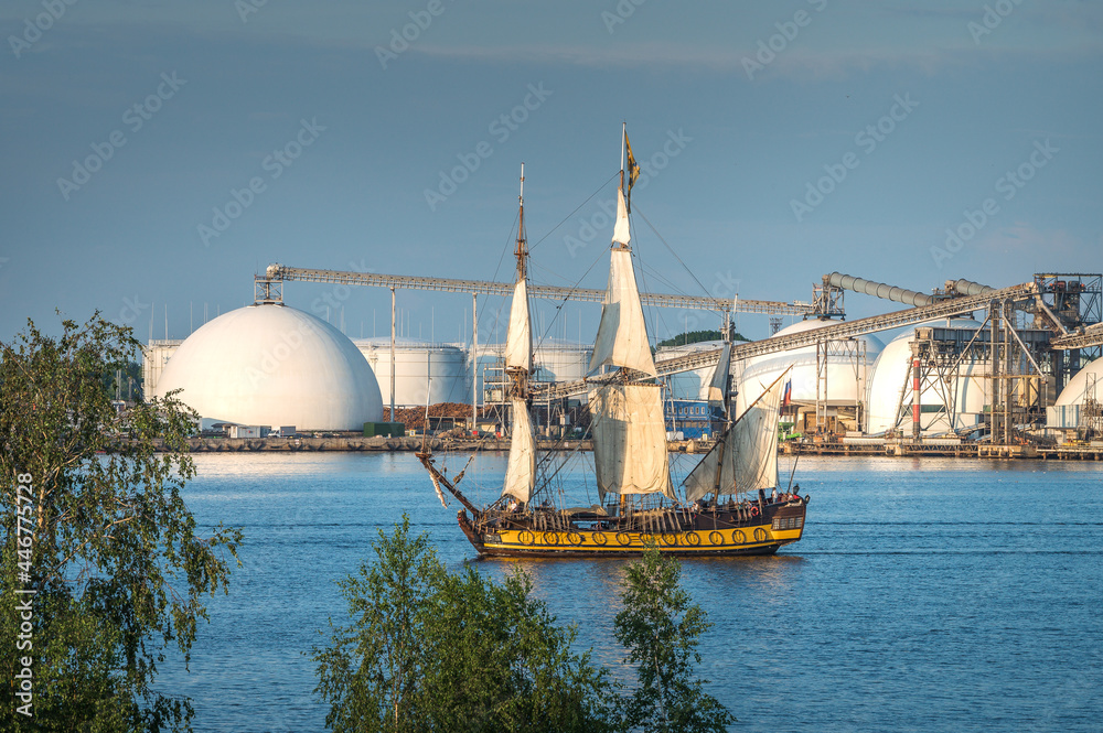 Riga port loading terminal with container ships. Boats and yachts ...