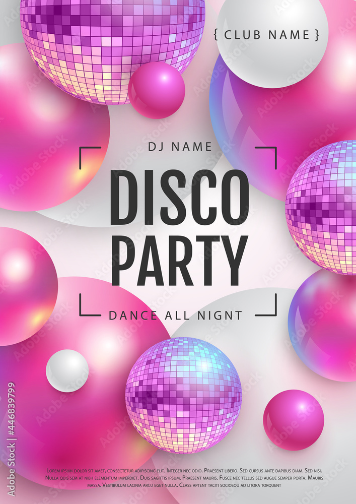 3D abstract background with holographic pink spheres and disco ball ...