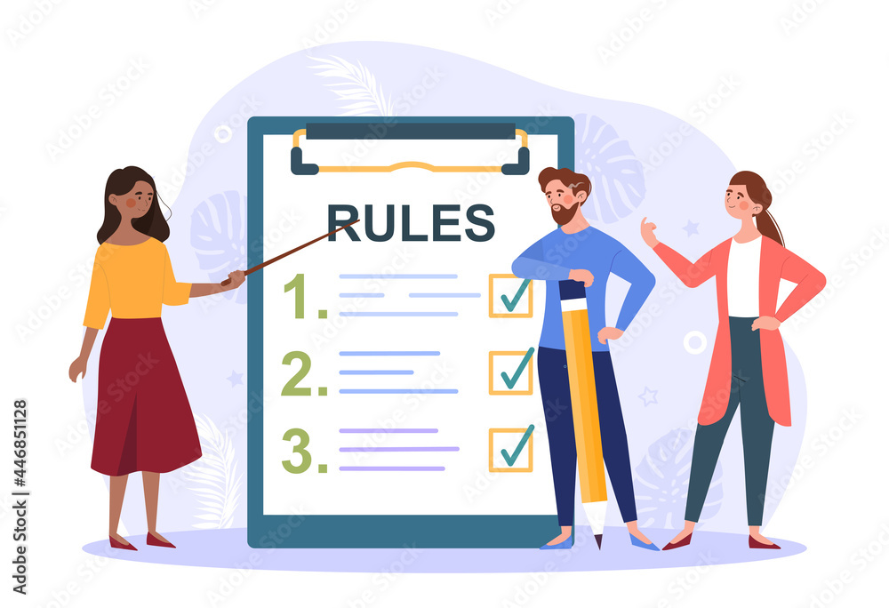 List of rules concept. Employees of the company stand next to large ...