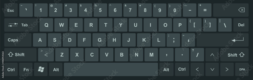 Keyboard with black and dark gray keys, and all symbols, letters of the ...