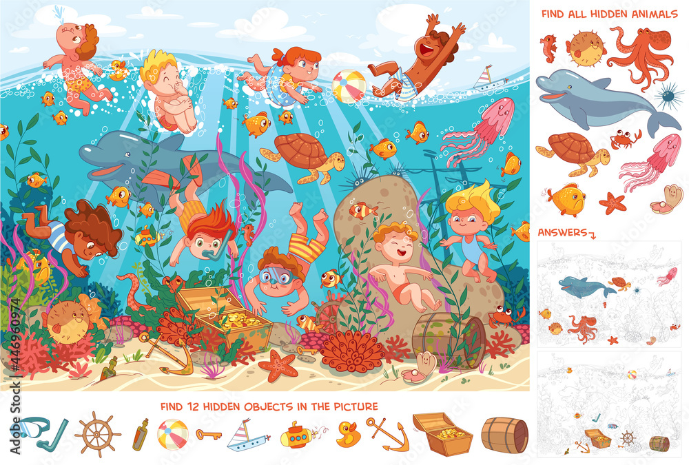 Children swim underwater with marine life. Find 10 hidden objects in ...