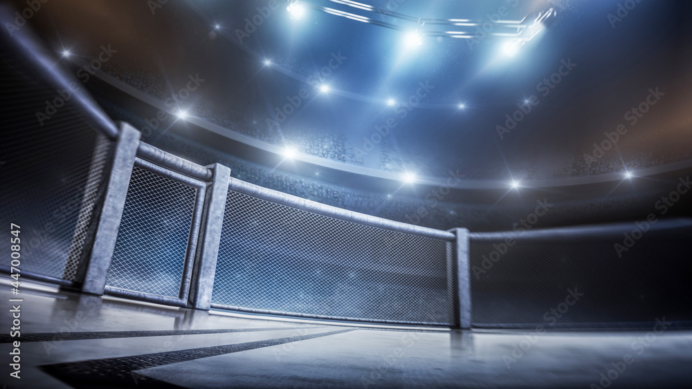 MMA cage. Side scene view under lights. Fighting Championship. Fight ...