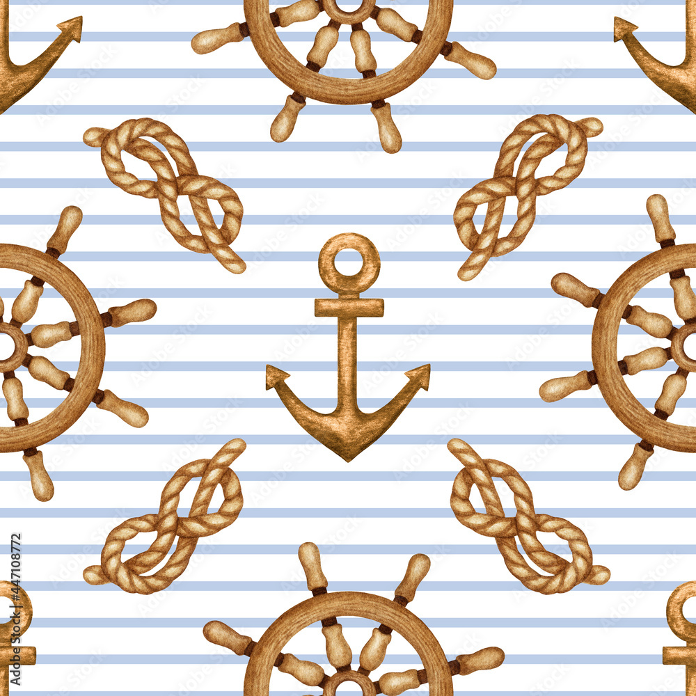 Watercolor Nautical seamless pattern. Adventure, Traveling, Sea Life ...