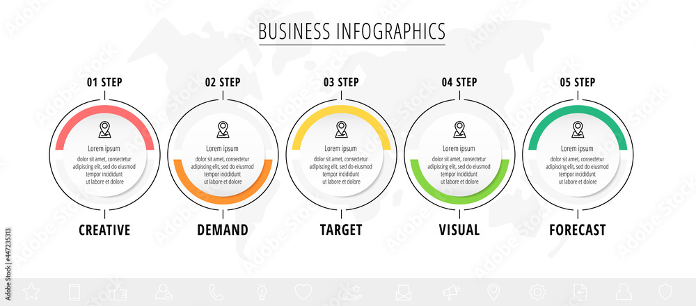 Vector minimal line infographics with circles. Business concept 5 steps by step for diagram ...