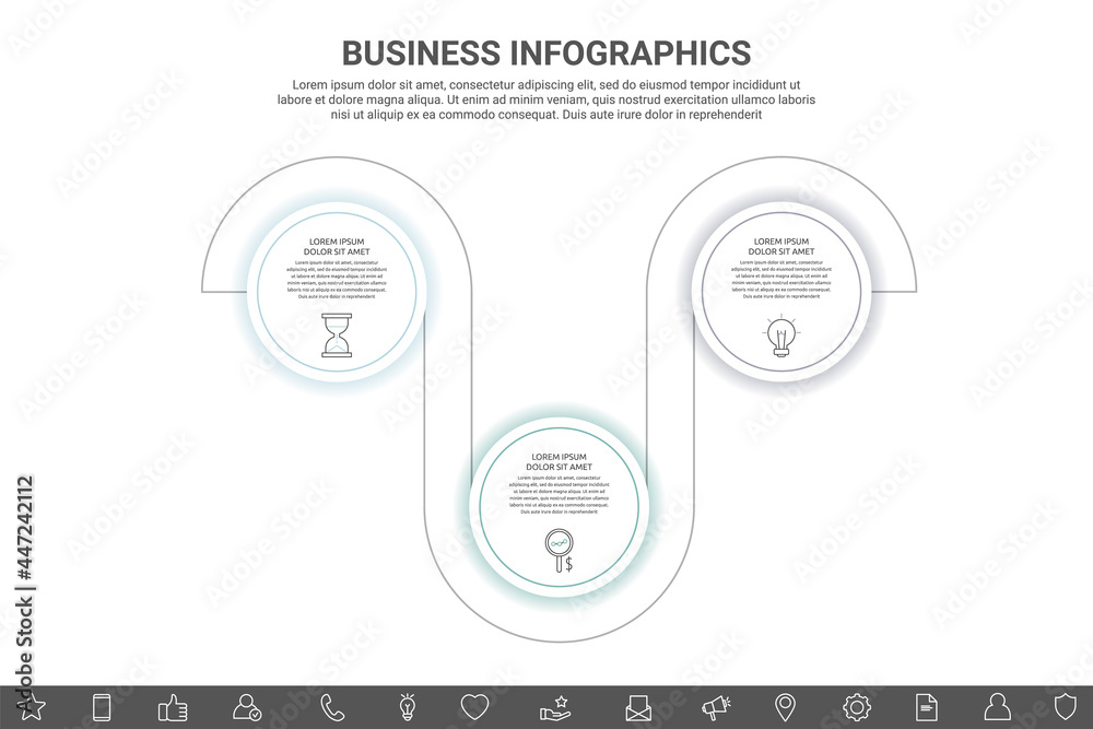 Line vector minimal infographic with three circles. Modern timeline ...