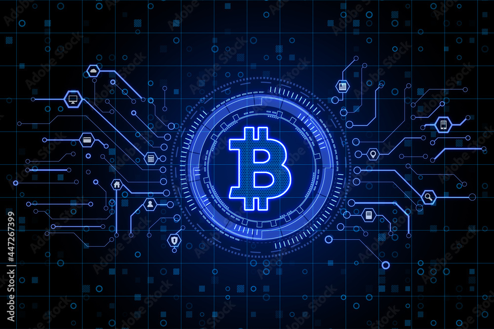 Creative glowing blue digital bitcoin hologram on dark background ...