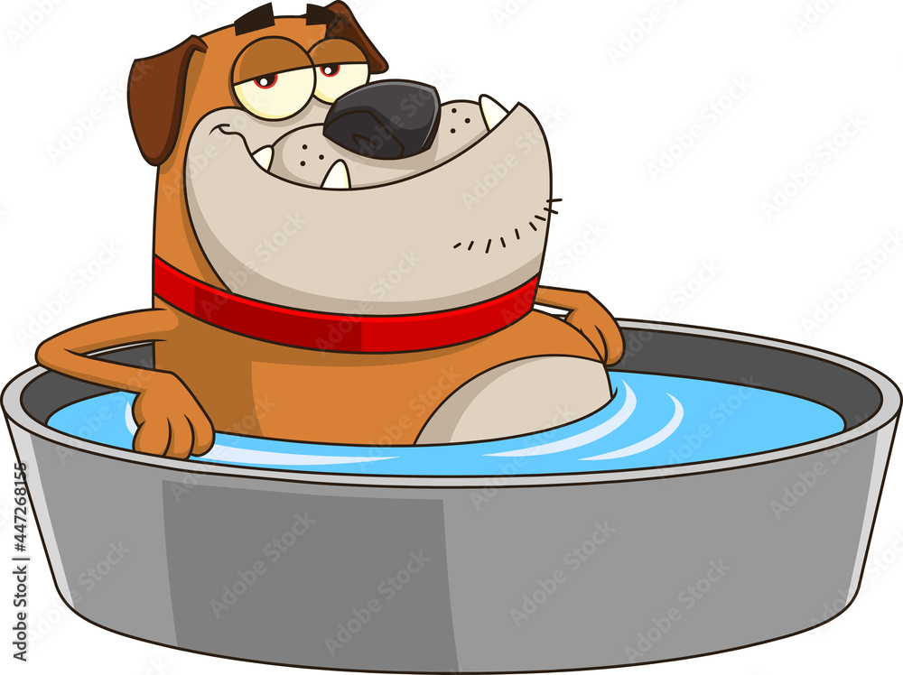 Funny Bulldog Cartoon Character Bathing In A Tub Water. Vector Hand ...