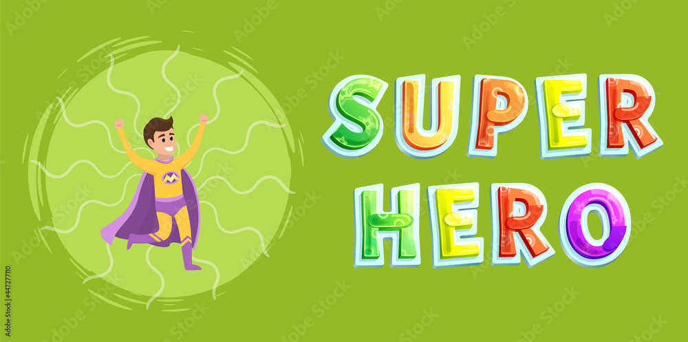 Strong super man smiles and flies to save world stretched out his hand ...