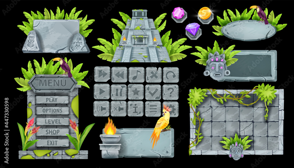 Stone UI game element set, tropical rock button kit, vector menu background, Aztec pyramid ...
