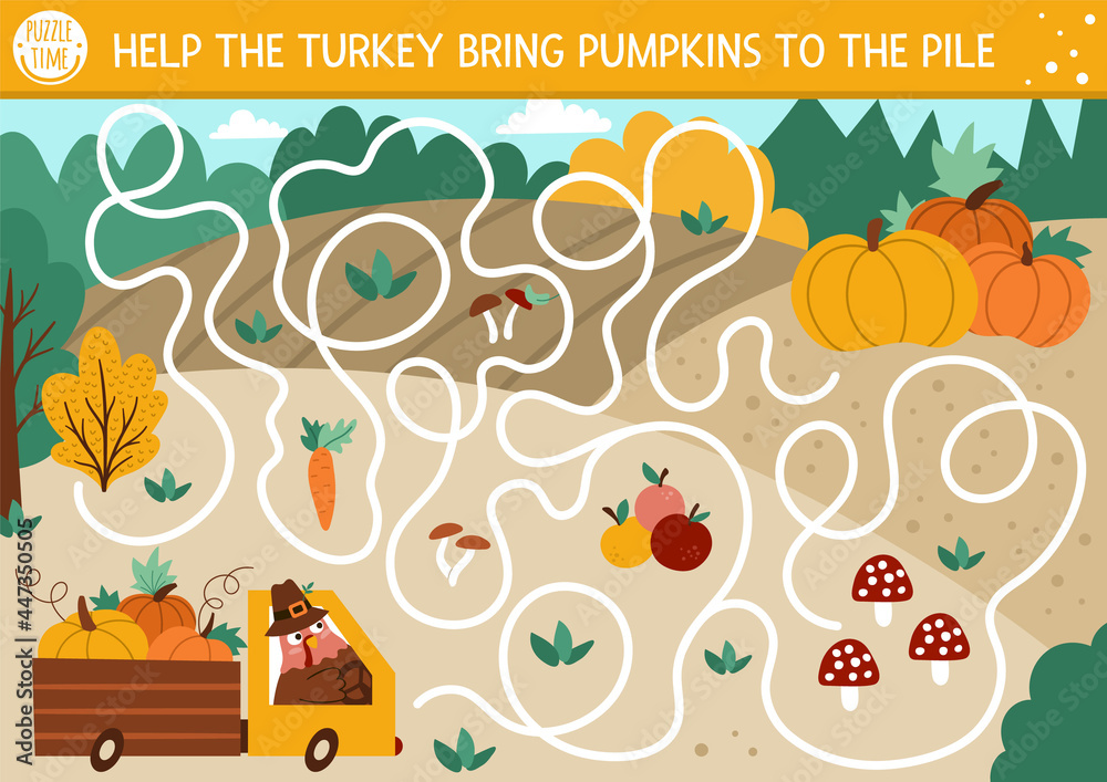Thanksgiving Day maze for children. Autumn holiday preschool printable ...