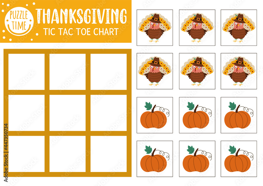 Vector Thanksgiving tic tac toe chart with cute turkey and pumpkin ...
