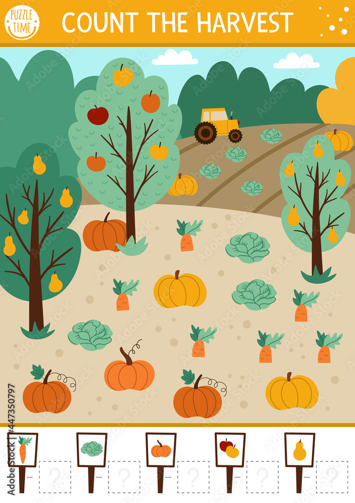 Autumn counting game with harvest in the garden or field. Fall or ...