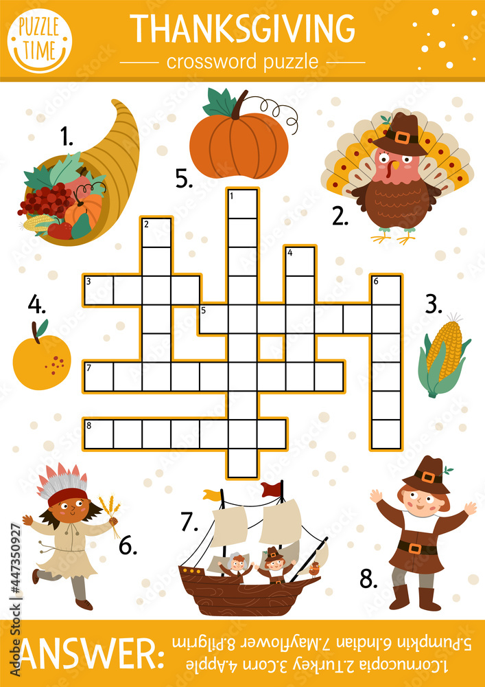 Vector Thanksgiving crossword puzzle for kids. Simple autumn quiz with ...