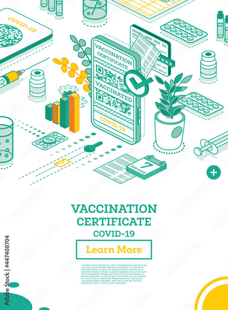 Vaccination Certificate on Screen of Smartphone. Isometric ...