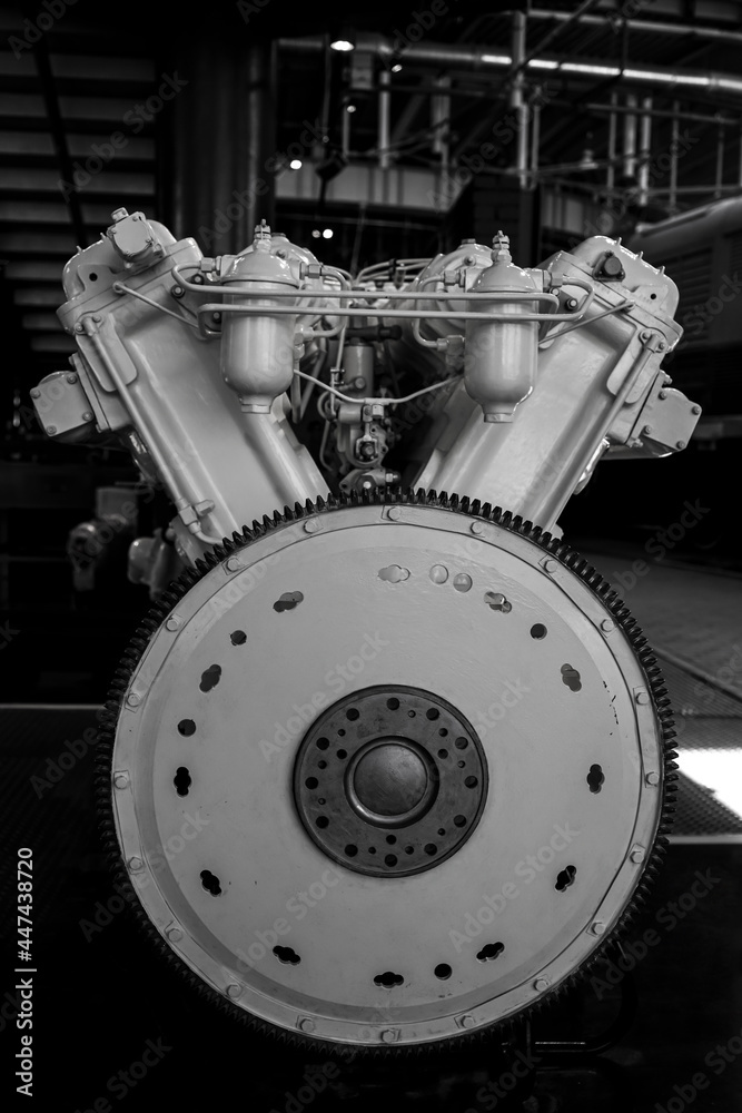 side view of the two cylinder heads of a six-cylinder V-shaped internal ...