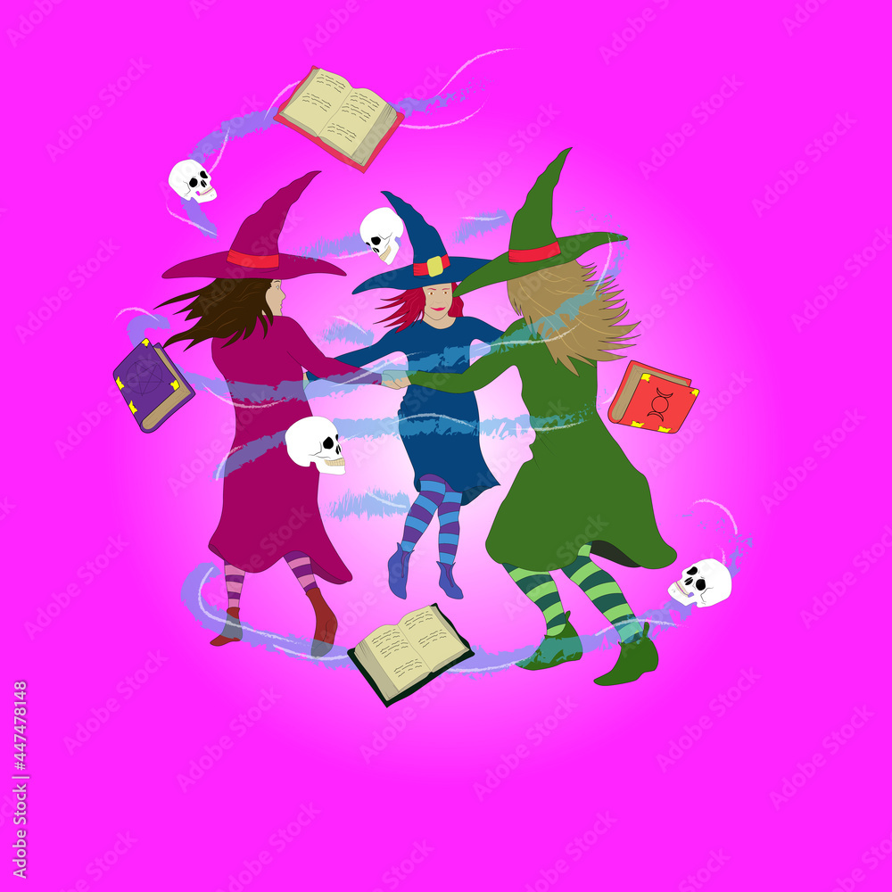 Dancing witches. Three witches dance in a whirlwind of skulls and ...
