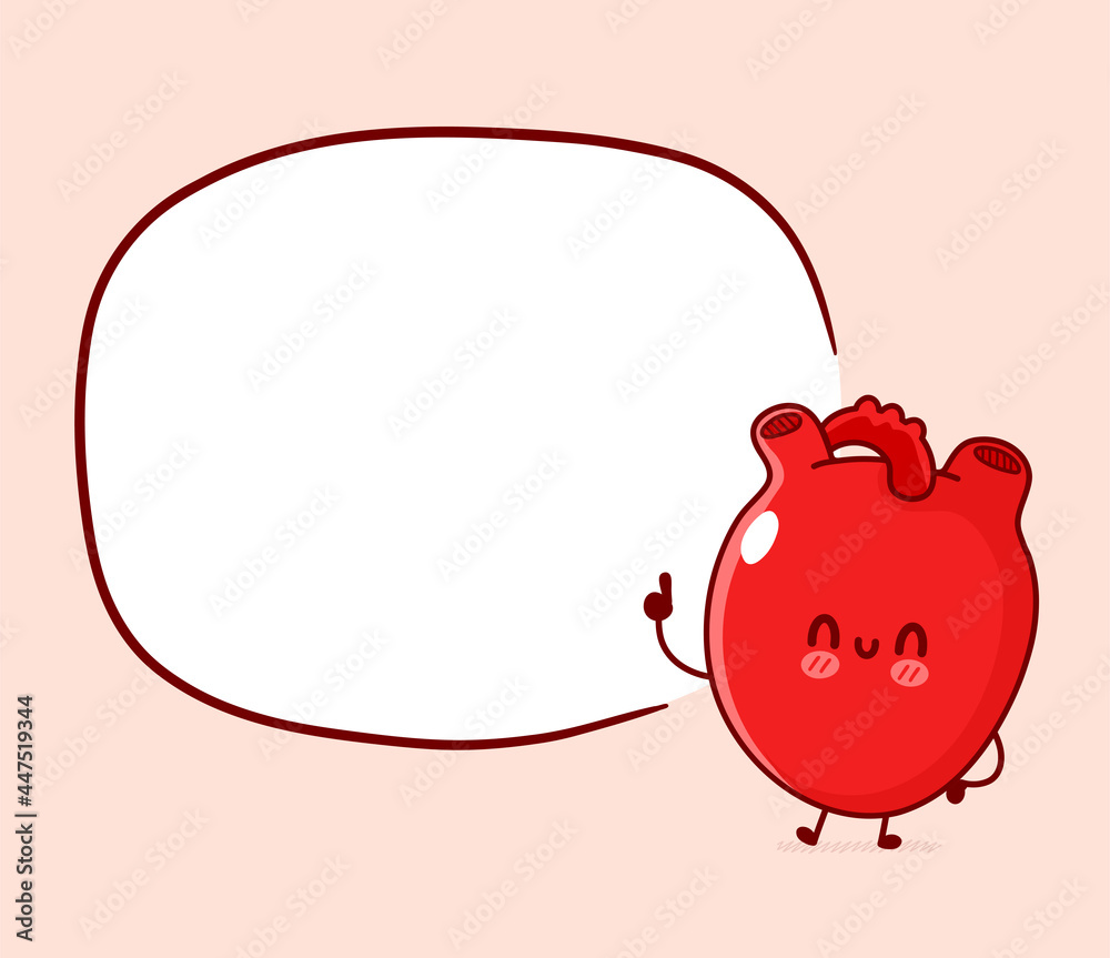 Cute funny human heart organ with text box. Vector flat line doodle ...
