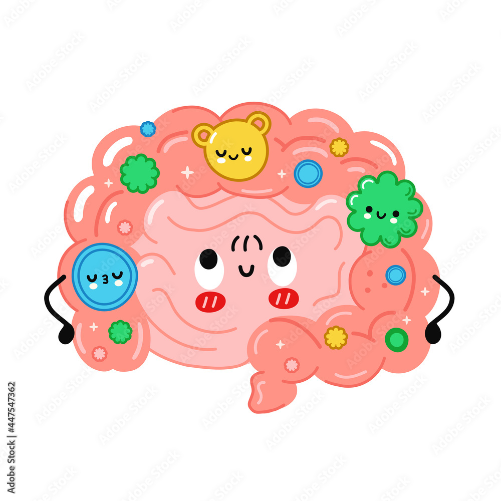 Cute funny intestine organ with good bacterias,microflora. Vector hand ...