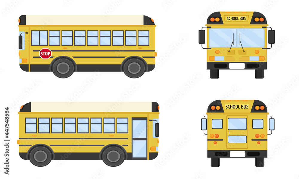 Yellow school bus on a white background. School bus front view, back ...