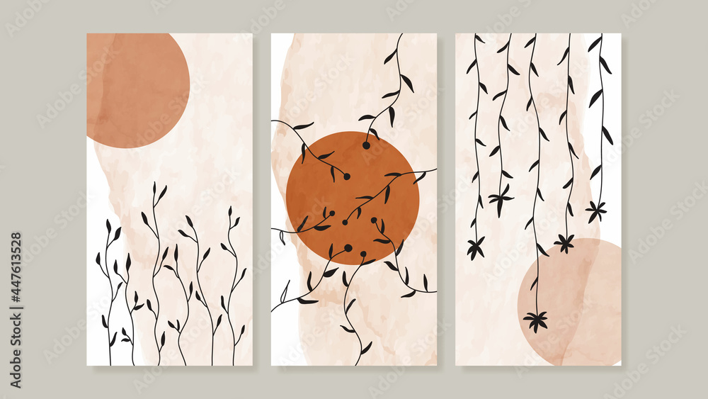 Mid century modern triptych wall art vector. Abstract art background ...