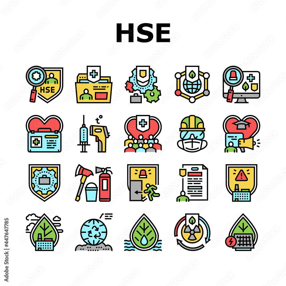 Health Safety Environment Hse Icons Set Vector. Communication And ...