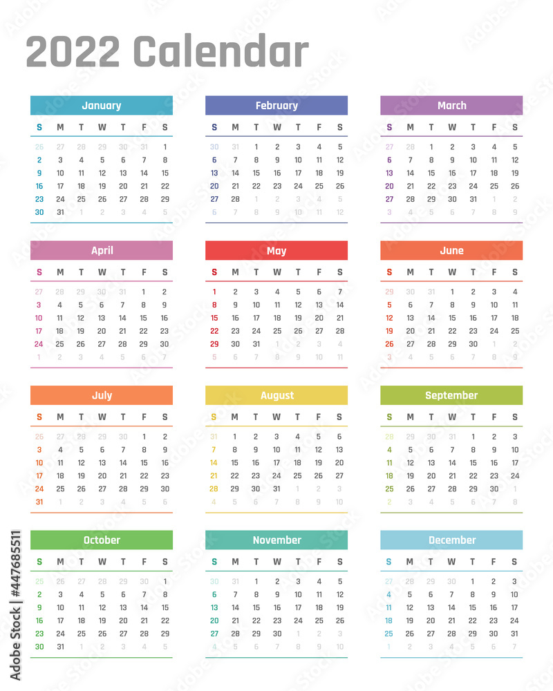 2022 year calendar, calendar design for 2022 starts sunday Stock Vector ...